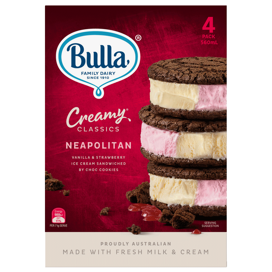 Bulla Creamy Classics Neapolitan Sandwich 4 Pack | Bulla Foodservice