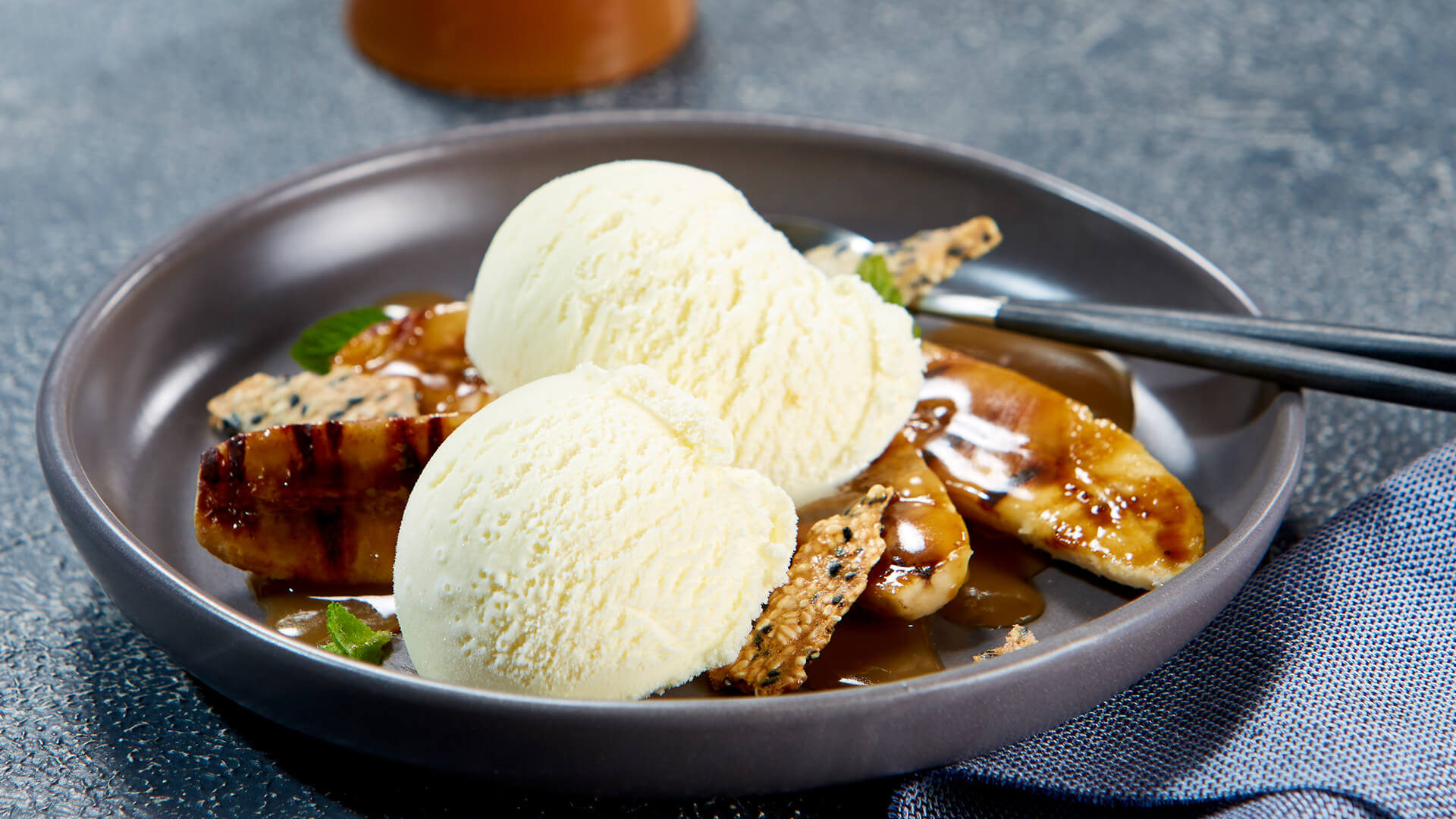 banana split with lime caramel sauce & sesame crisps | Bulla Foodservice