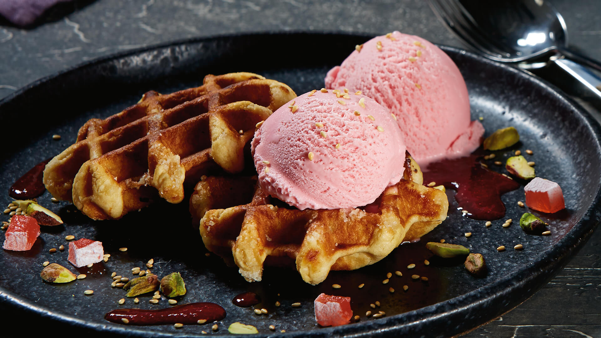 berry waffles with orange blossom coulis & strawberry ice cream | Bulla ...